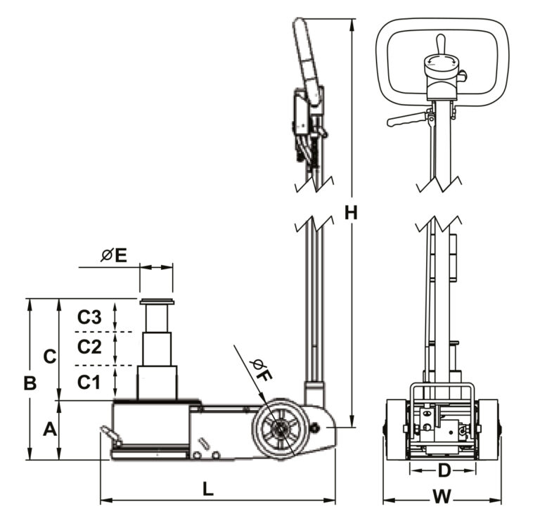 24113 – 10/20/40 Ton air operated axle jack, 3-stage – OMEGA LIFT EQUIPMENT